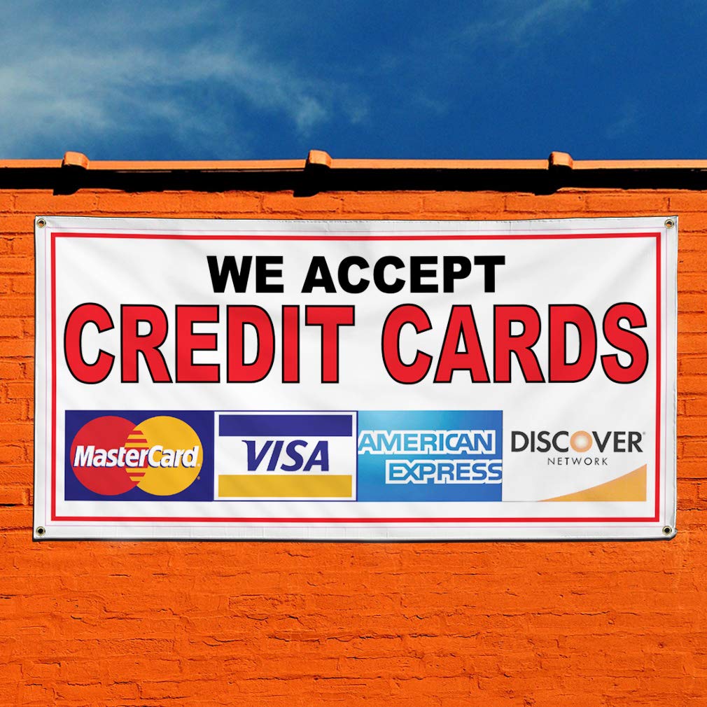 Vinyl Banner Sign We Accept Credit Cards Restaurant Cafe Bar Marketing Advertising Red - 12inx30in, 4 Grommets, One Banner