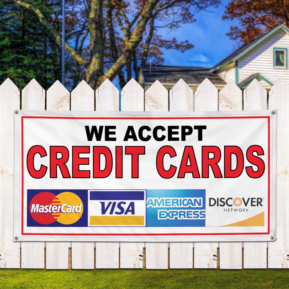 Vinyl Banner Sign We Accept Credit Cards Restaurant Cafe Bar Marketing Advertising Red - 12inx30in, 4 Grommets, One Banner