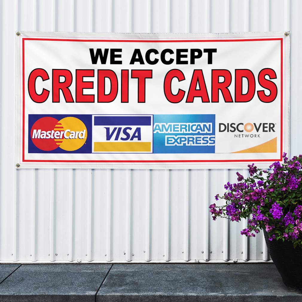 Vinyl Banner Sign We Accept Credit Cards Restaurant Cafe Bar Marketing Advertising Red - 12inx30in, 4 Grommets, One Banner