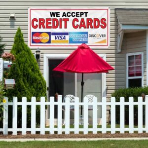 Vinyl Banner Sign We Accept Credit Cards Restaurant Cafe Bar Marketing Advertising Red - 12inx30in, 4 Grommets, One Banner