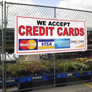 Vinyl Banner Sign We Accept Credit Cards Restaurant Cafe Bar Marketing Advertising Red - 12inx30in, 4 Grommets, One Banner