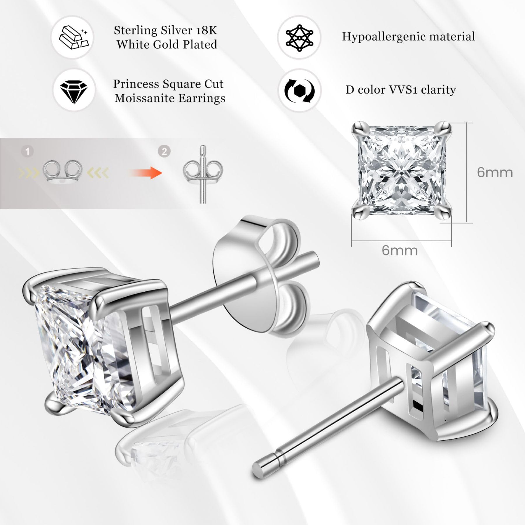 Tunzug Princess Square Moissanite Diamond Stud Earrings D Color VVS1 Clarity Lab Made Diamond Stud Earrings 18K White Gold Plated 925 Sterling Silver Friction Back Earrings for Women