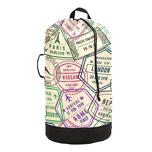 Travel Stamps Visa Nylon Travel Laundry Bag for Luggage Dirty Heavy Duty Dirty Clothes Organizer with Drawstring Closure & Shoulder Straps Laundry Hamper Liner for Apartment College Dorm Factories