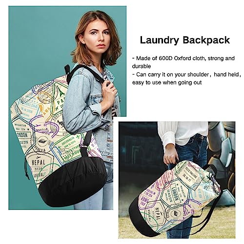 Travel Stamps Visa Nylon Travel Laundry Bag for Luggage Dirty Heavy Duty Dirty Clothes Organizer with Drawstring Closure & Shoulder Straps Laundry Hamper Liner for Apartment College Dorm Factories