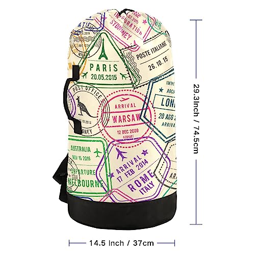 Travel Stamps Visa Nylon Travel Laundry Bag for Luggage Dirty Heavy Duty Dirty Clothes Organizer with Drawstring Closure & Shoulder Straps Laundry Hamper Liner for Apartment College Dorm Factories