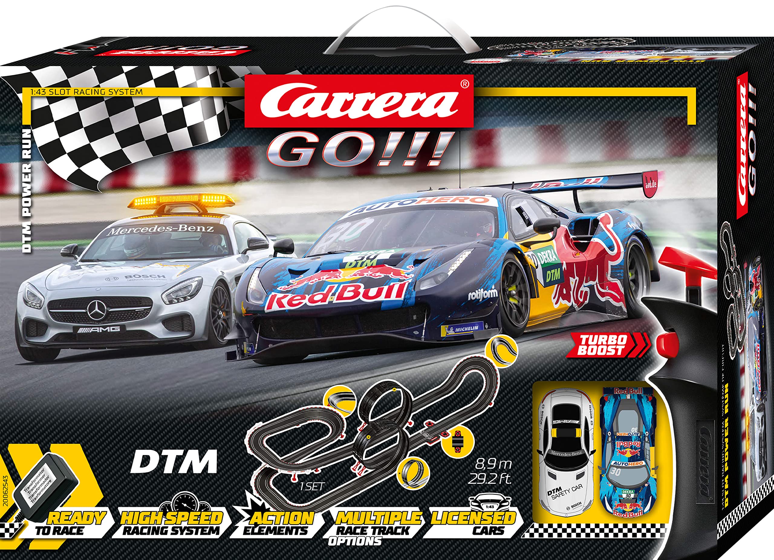 Carrera GO!!! Electric Powered Slot Car Racing Kids Toy Race Track Set 1:43 Scale, DTM Power Run