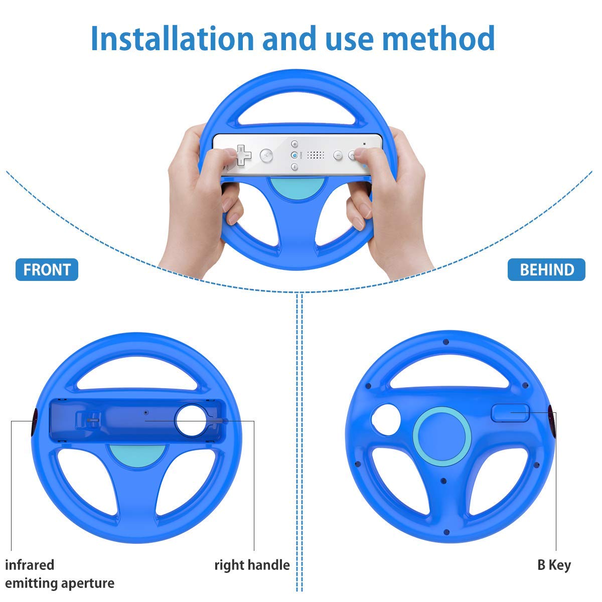 DOYO 2 Pack Red and Blue Wheel Steering Wii Controller Design Stand Mario Kart Racing Game Steering Wheel Stand for Wii Game Controller