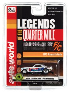 auto world 4gear hot wheels - don the snake prudhomme/snake ii 1972 plymouth cuda funny car (white with flames) ho scale slot car