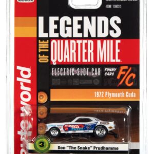 Auto World 4Gear Hot Wheels - Don The Snake Prudhomme/Snake II 1972 Plymouth Cuda Funny Car (White with Flames) HO Scale Slot Car