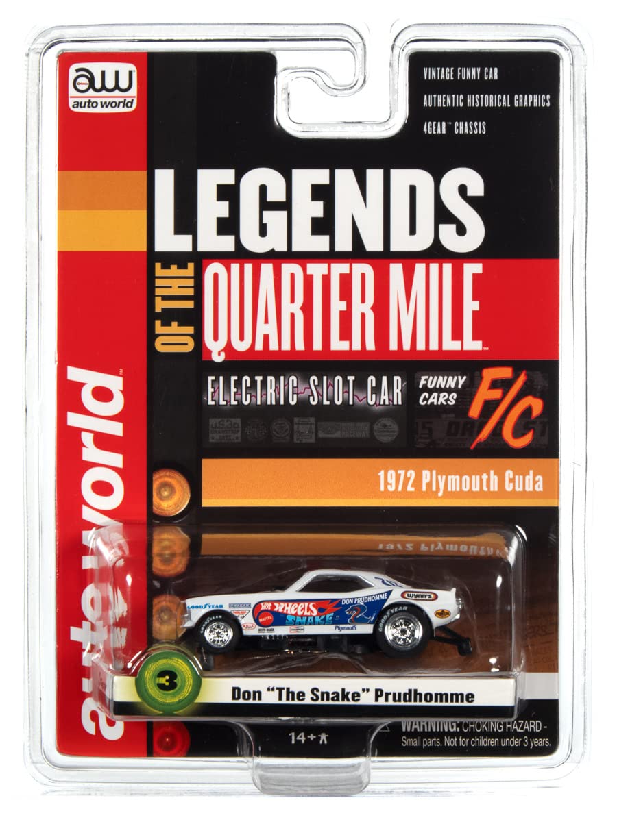 Auto World 4Gear Hot Wheels - Don The Snake Prudhomme/Snake II 1972 Plymouth Cuda Funny Car (White with Flames) HO Scale Slot Car