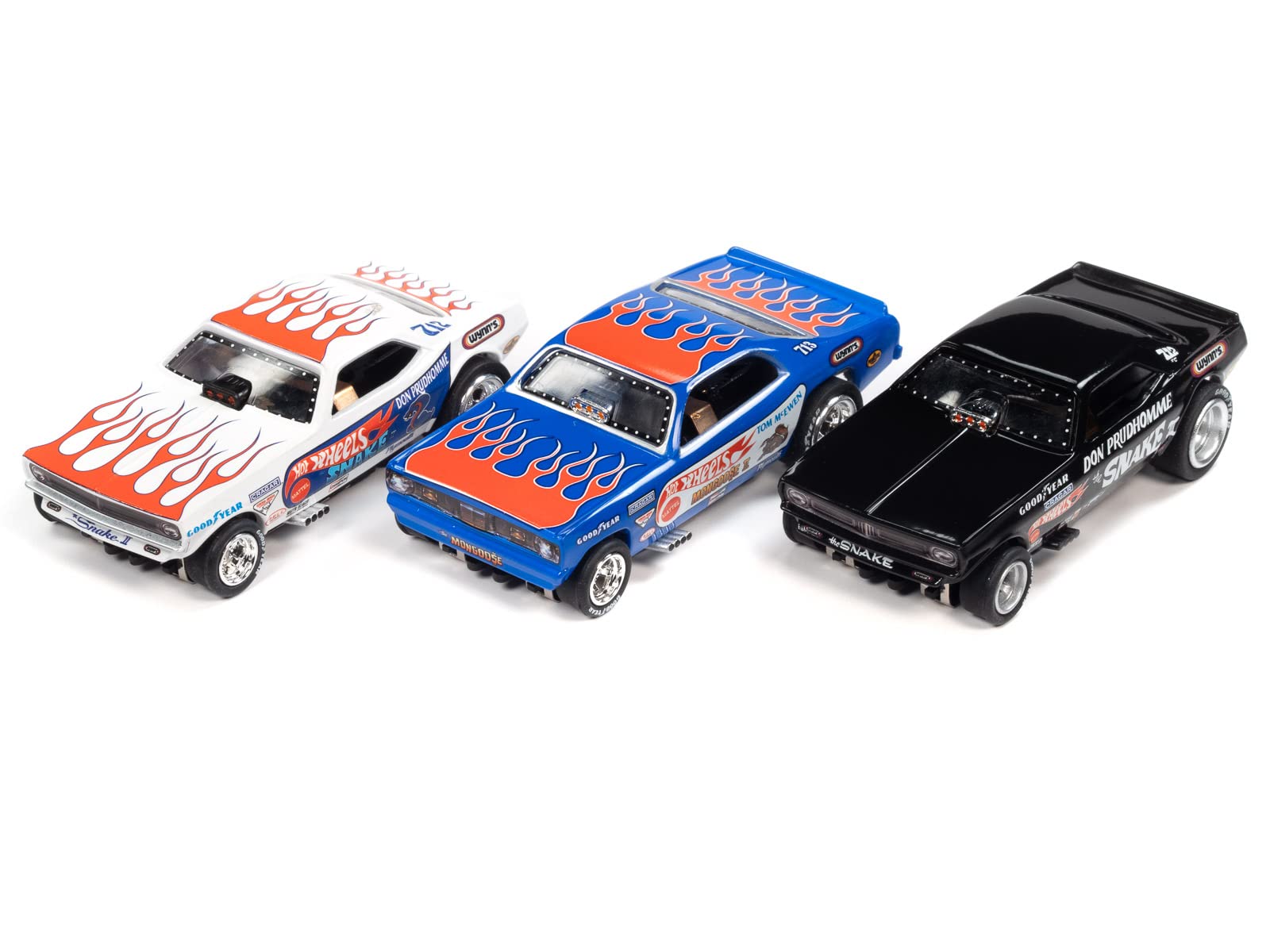 Auto World 4Gear Hot Wheels - Don The Snake Prudhomme/Snake II 1972 Plymouth Cuda Funny Car (White with Flames) HO Scale Slot Car