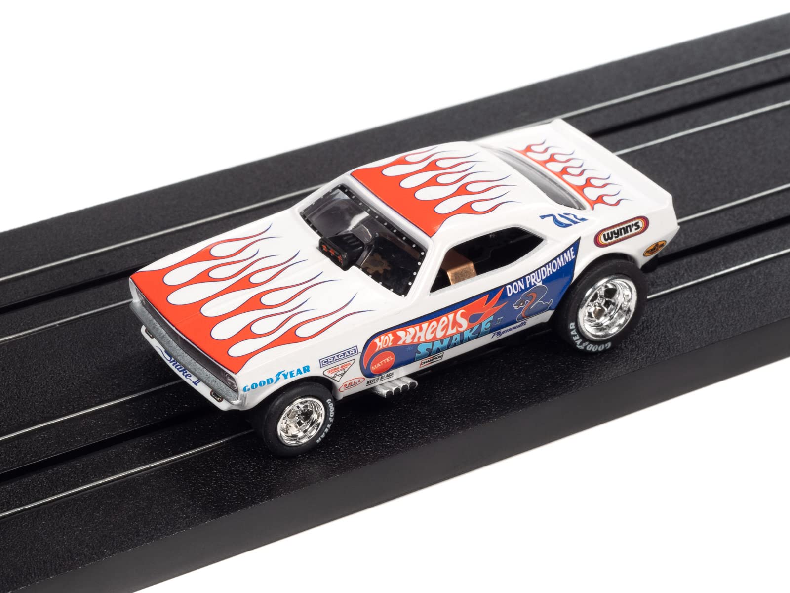 Auto World 4Gear Hot Wheels - Don The Snake Prudhomme/Snake II 1972 Plymouth Cuda Funny Car (White with Flames) HO Scale Slot Car