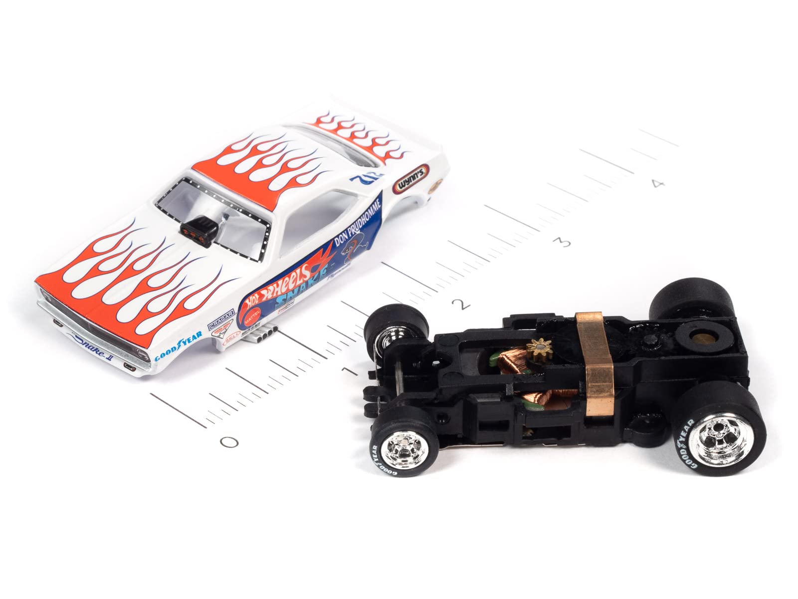 Auto World 4Gear Hot Wheels - Don The Snake Prudhomme/Snake II 1972 Plymouth Cuda Funny Car (White with Flames) HO Scale Slot Car