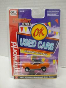 auto world sc390-5b ok used cars 1970 barracuda gran coupe ho scale electric slot car - orange