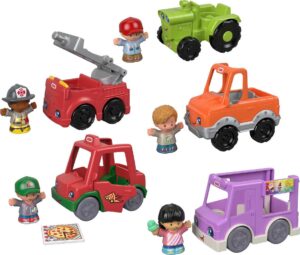 fisher-price little people toddler playset around the neighborhood vehicle pack, 5 toy cars & trucks and 5 figures for ages 1+ years