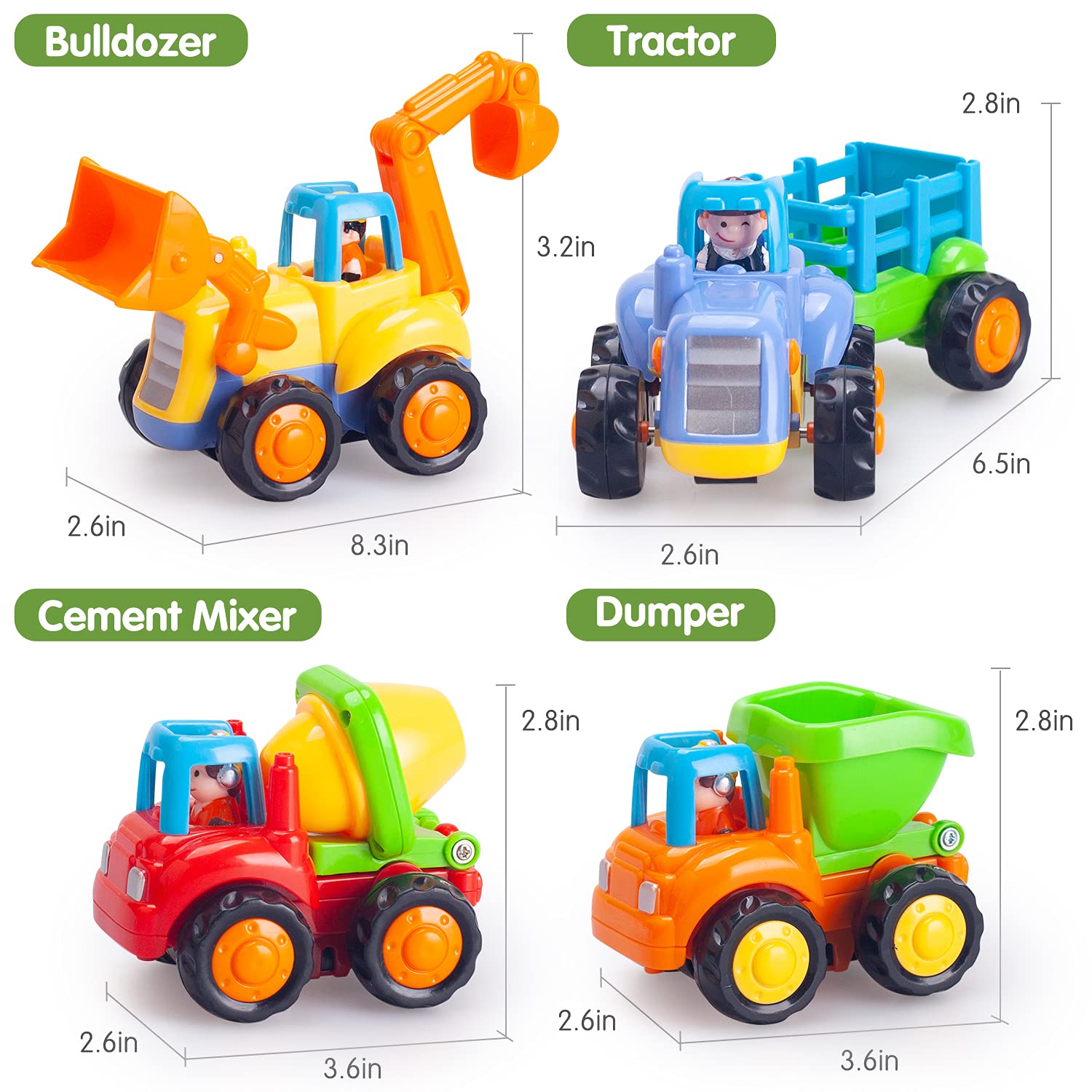 BABYFUNY Toys for 1 Year Old Boy Gifts Baby Toys 12-18 Months, Car Toys for Toddlers 1-3, 4 Pack Friction Powered Toddler Car with Dump Truck Bulldozer Tractor Cement Mixer Toddler Boy Toys Age 1-2