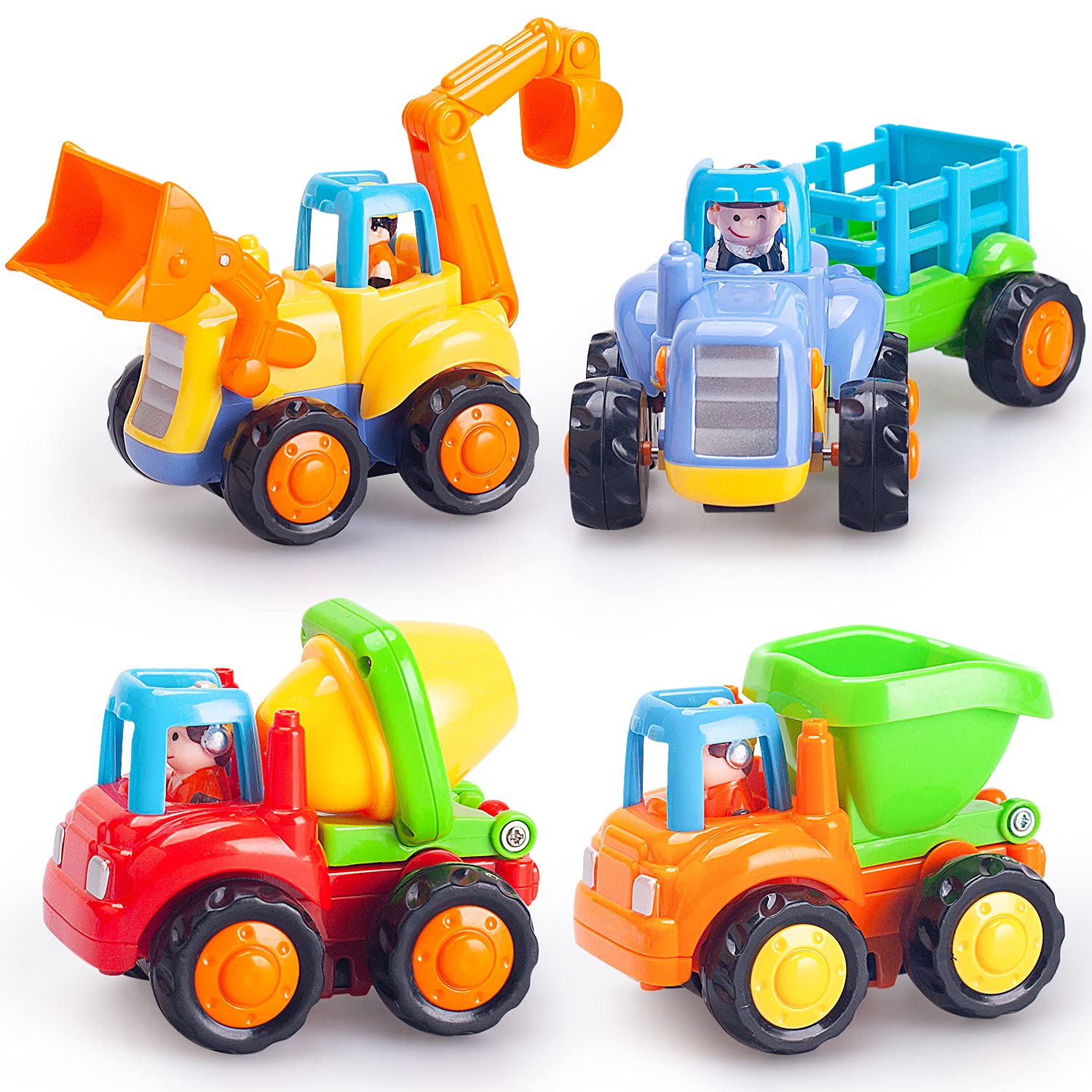 BABYFUNY Toys for 1 Year Old Boy Gifts Baby Toys 12-18 Months, Car Toys for Toddlers 1-3, 4 Pack Friction Powered Toddler Car with Dump Truck Bulldozer Tractor Cement Mixer Toddler Boy Toys Age 1-2