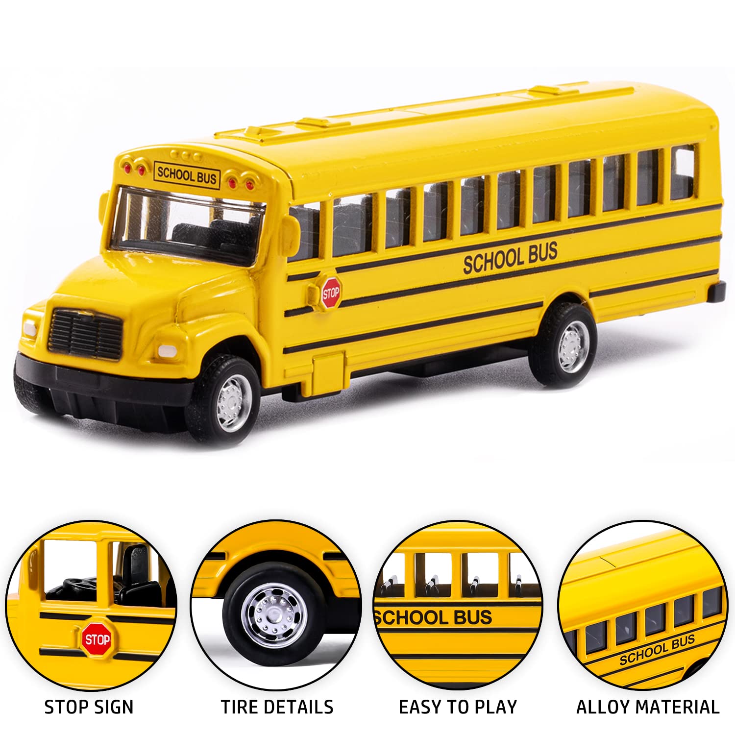 KOMENDANT 2 Pack 5.5inch Pull Back School Bus Playset, Die-cast Metal Toy Play Vehicles with Yellow for Kids Boys Toddlers