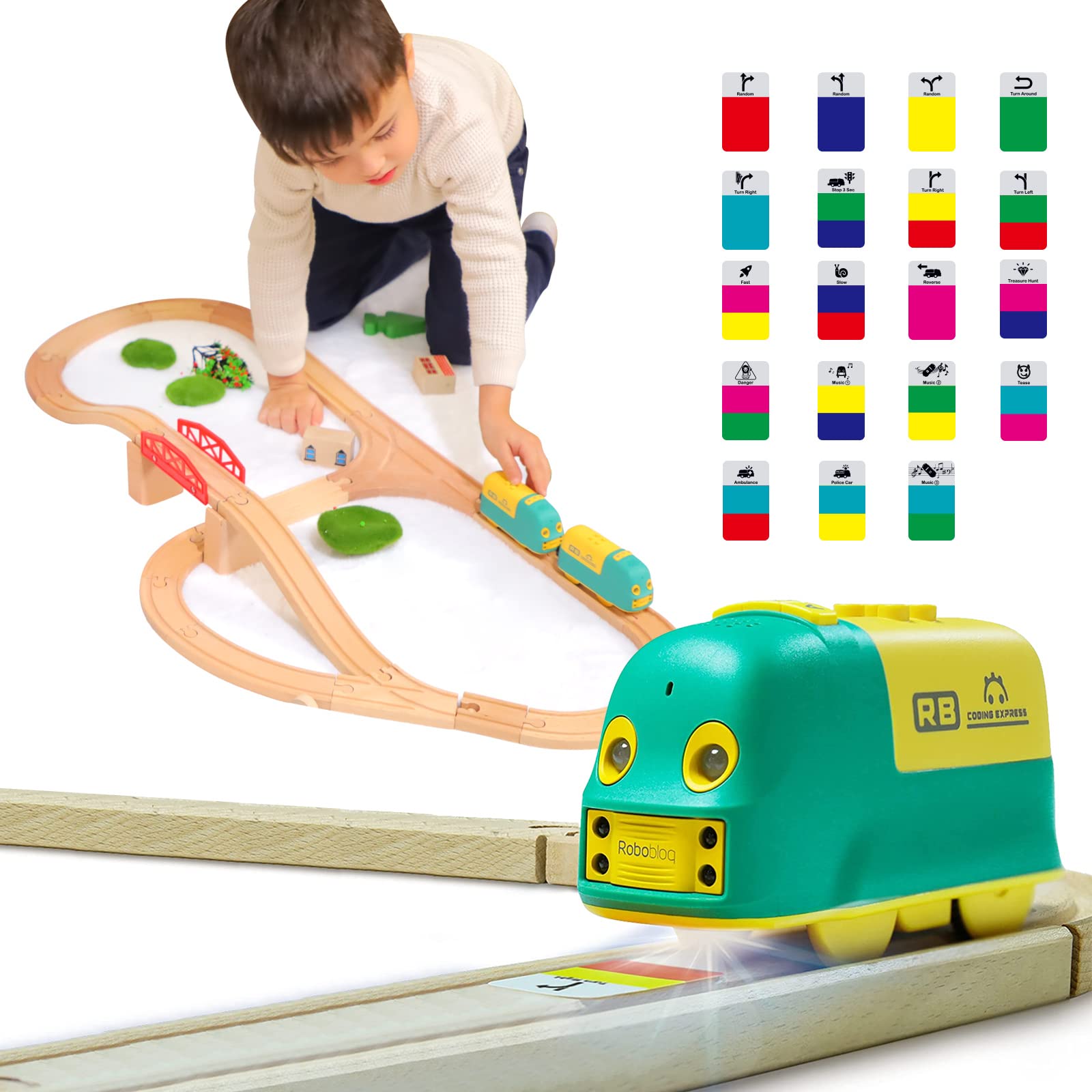 Robobloq Wooden Train Set, 25 PCS Wooden Tracks, 22 Functions Lights/Music, 3 Game Modes, Preschool Educational Toys Gifts for Kids Age 3-7, Fit Thomas The Train, Brio, Melissa & Doug