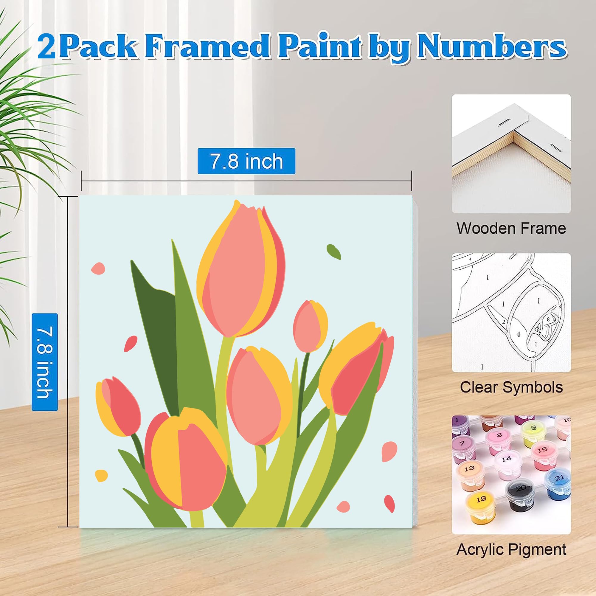 cupmod 2 Pack Framed Paint by Number for Kids,Easy Flower Painting Paint by Numbers Kits on Canvas,DIY Acrylic Oil Painting for Home Wall Decor(8x8inch)