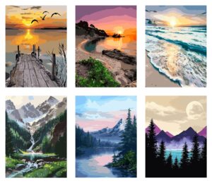 chwglfgg 6 pack landscape paint by number for adults kids beginner, diy adult painting by numbers kits on canvas with brushes and acrylic paint, home wall decor 12 x 16 inch