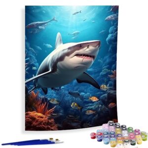 diymood paint by numbers for adults shark, diy oil painting marine life acrylic paint by number kits for adults beginner for home wall decor 16x20 inch