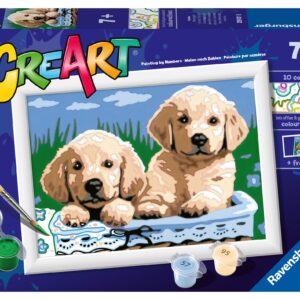 Ravensburger CreArt Cute Puppies Paint by Numbers Kit for Kids - Engaging Art Craft Set | Canvas & Acrylic Paints | Ideal for Developing Art Skills | Suitable for Ages 7+, 24 x 18 cm