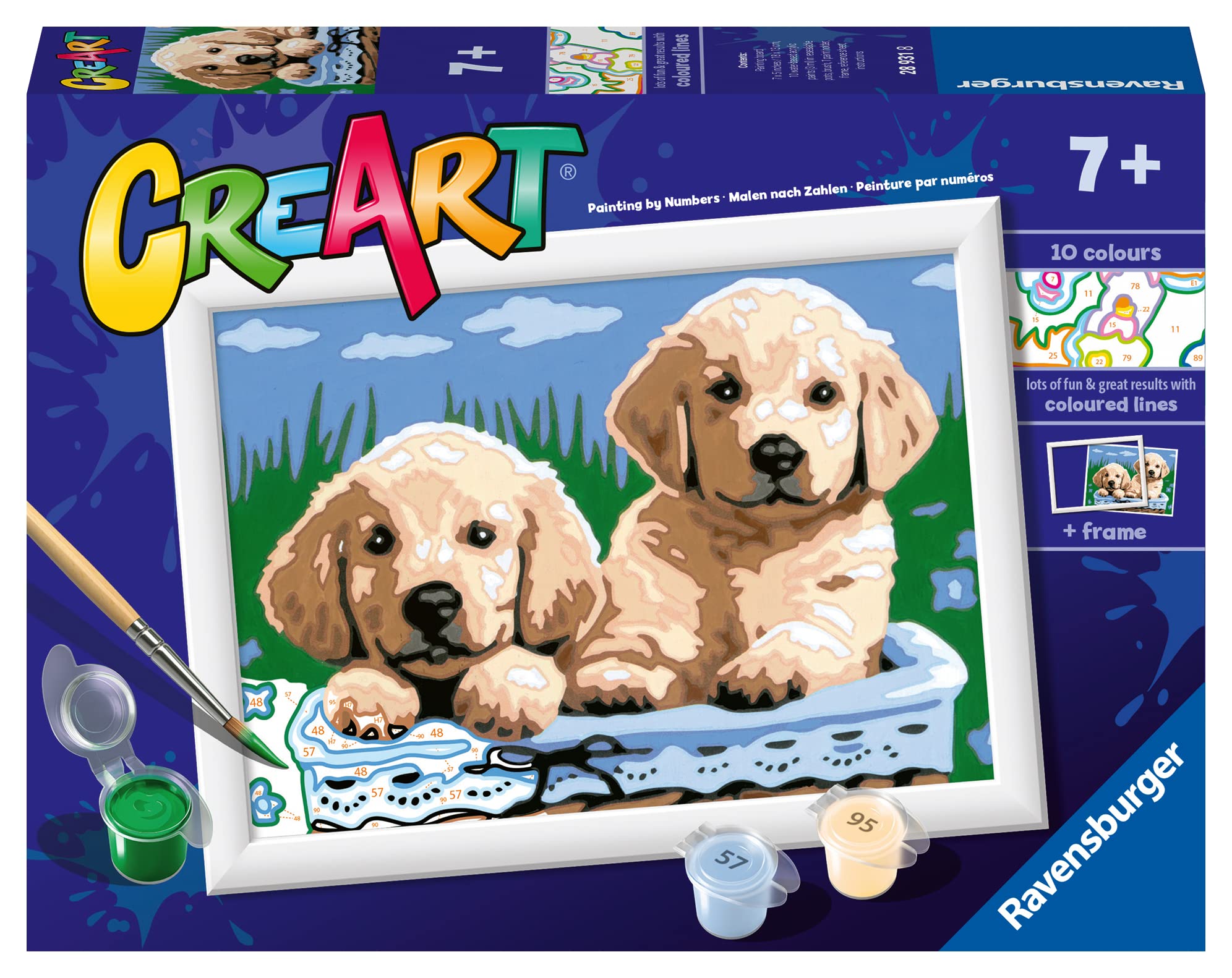 Ravensburger CreArt Cute Puppies Paint by Numbers Kit for Kids - Engaging Art Craft Set | Canvas & Acrylic Paints | Ideal for Developing Art Skills | Suitable for Ages 7+, 24 x 18 cm