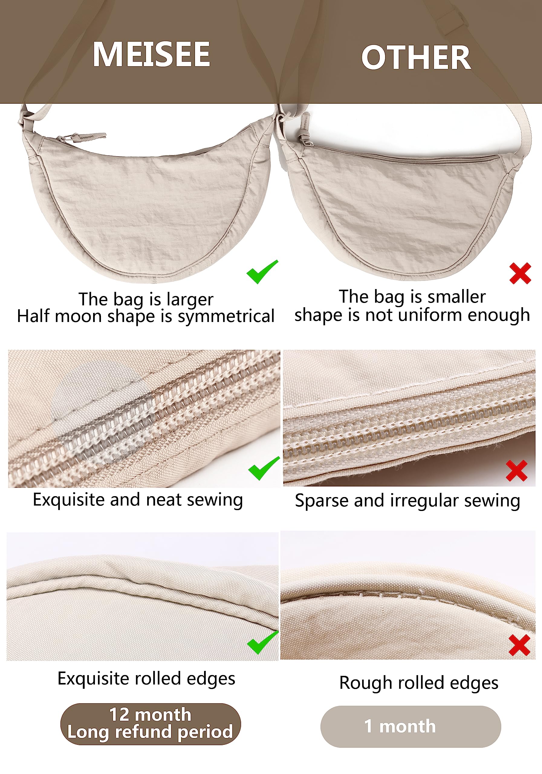 Nylon Crescent Crossbody Bag for Women Men Fanny Pack Crossbody Bag Dumpling Lightweight Travel Sling Bag (02-beige)