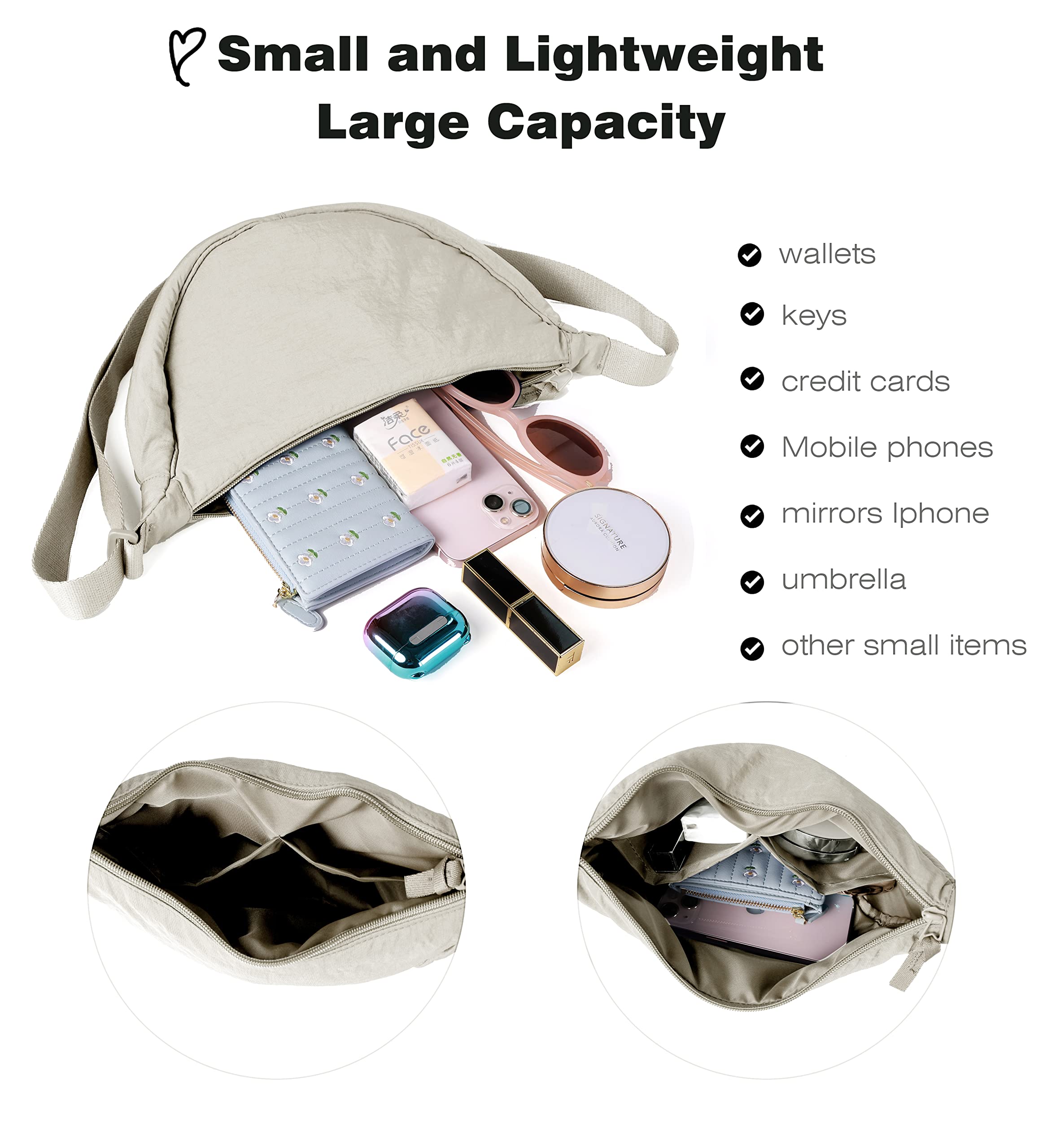 Nylon Crescent Crossbody Bag for Women Men Fanny Pack Crossbody Bag Dumpling Lightweight Travel Sling Bag (02-beige)