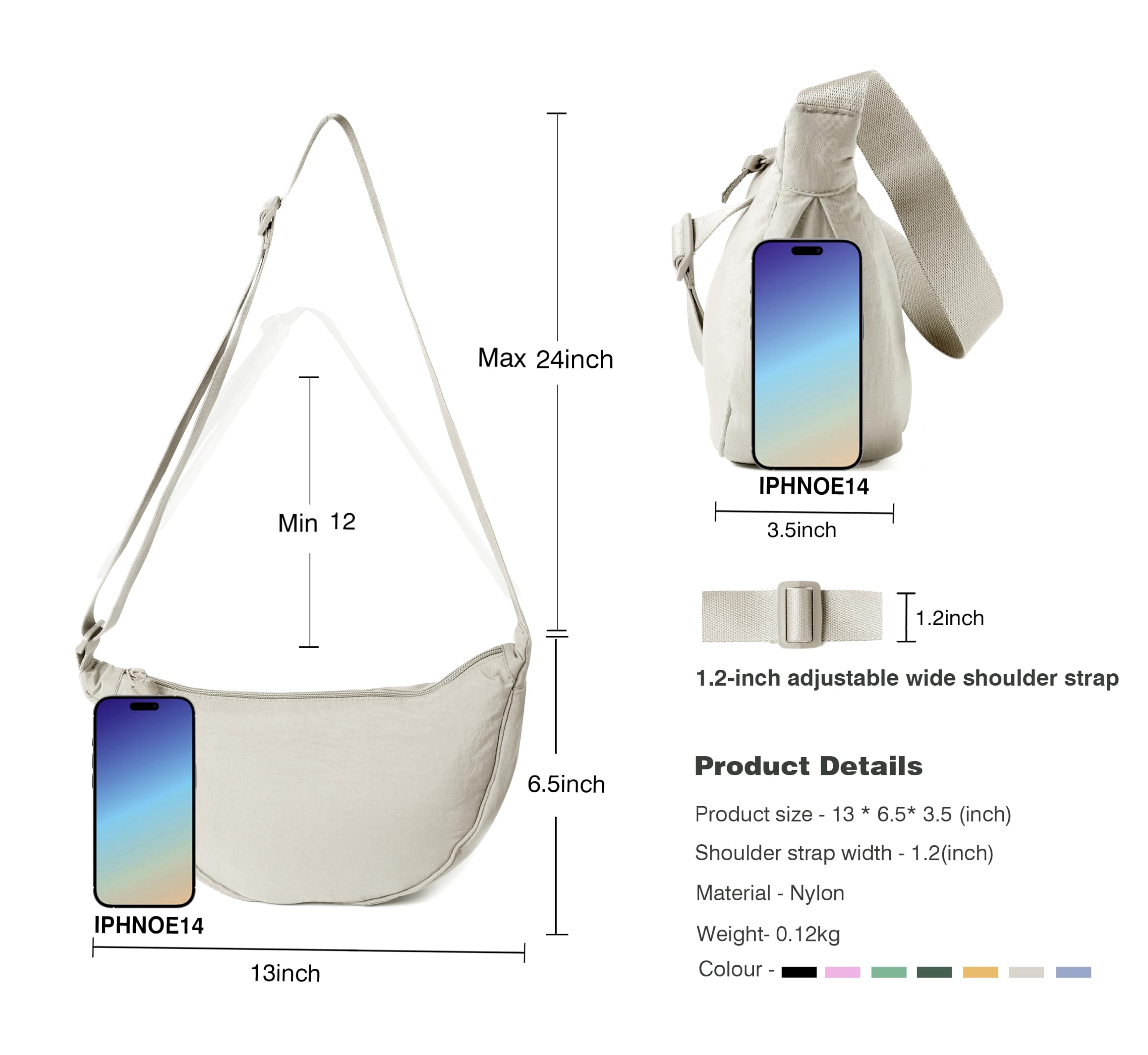 Nylon Crescent Crossbody Bag for Women Men Fanny Pack Crossbody Bag Dumpling Lightweight Travel Sling Bag (02-beige)