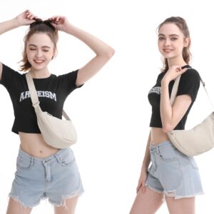 Nylon Crescent Crossbody Bag for Women Men Fanny Pack Crossbody Bag Dumpling Lightweight Travel Sling Bag (02-beige)