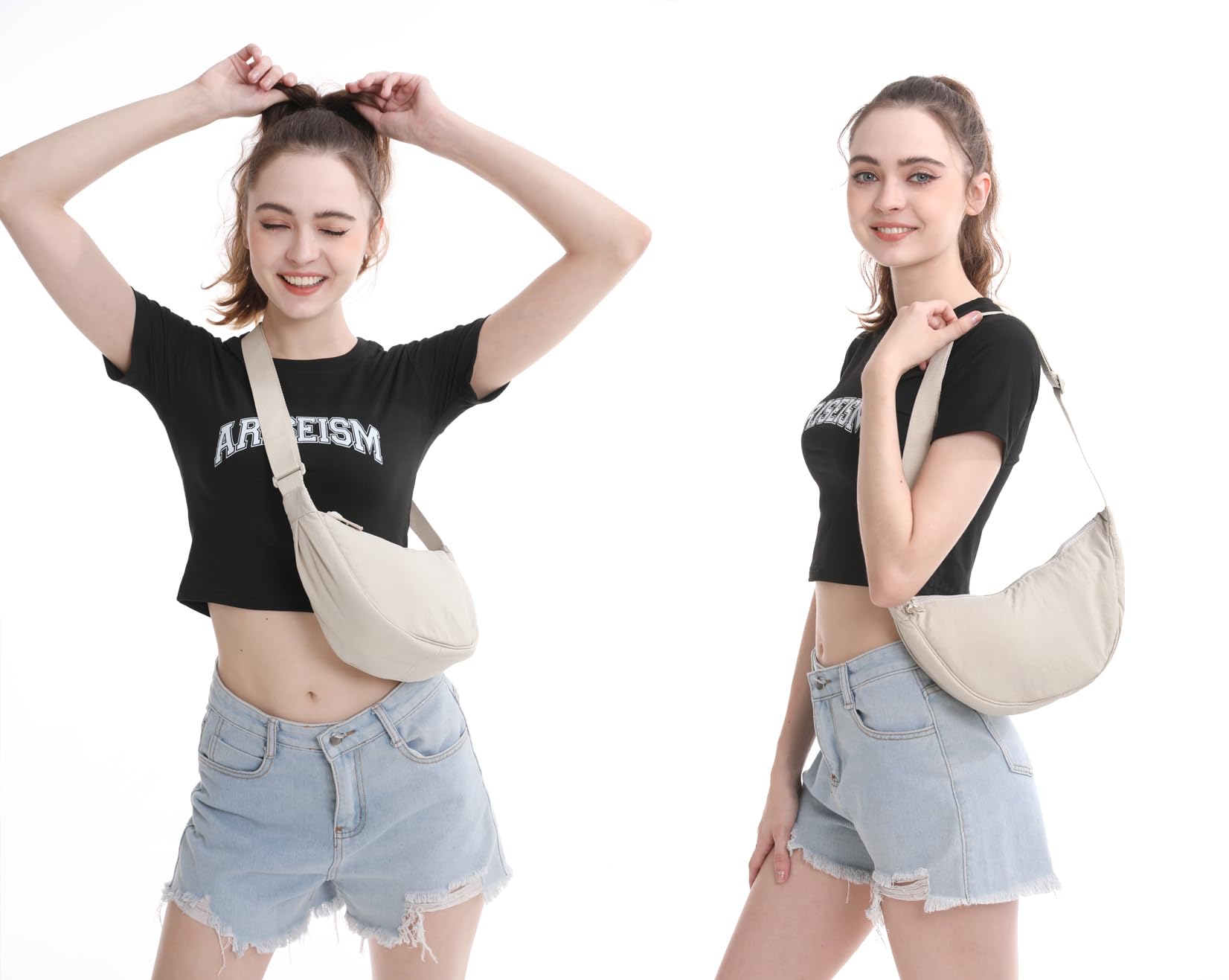 Nylon Crescent Crossbody Bag for Women Men Fanny Pack Crossbody Bag Dumpling Lightweight Travel Sling Bag (02-beige)