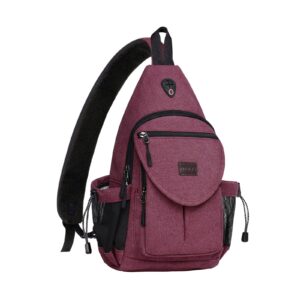 mosiso sling backpack,canvas crossbody hiking daypack bag with anti-theft pocket, wine red