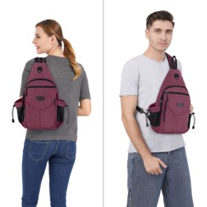 MOSISO Sling Backpack,Canvas Crossbody Hiking Daypack Bag with Anti-theft Pocket, Wine Red