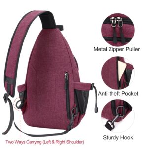 MOSISO Sling Backpack,Canvas Crossbody Hiking Daypack Bag with Anti-theft Pocket, Wine Red