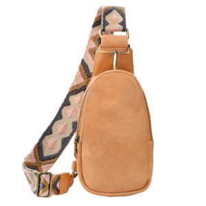 klaoyer sling leather bags for women crossbody small fanny pack purses chest bags with guitar strap for gril lady(peach-khaki)