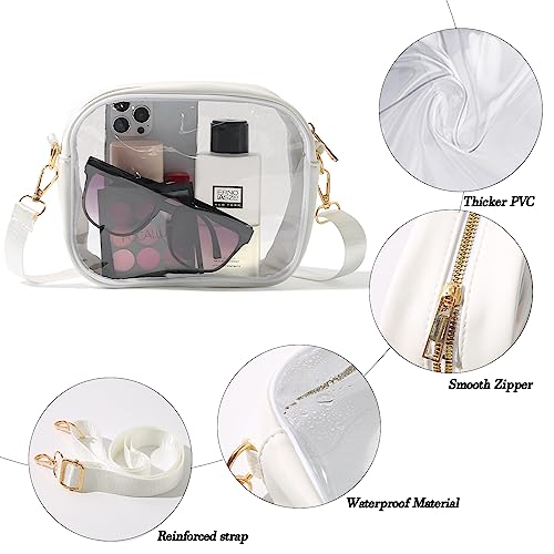 TOBVZOO Clear Purse Crossbody Bag for Women Stadium Approved, Small Leather Clear Bag with Adjustable Strap for Concert Sports Events (White)