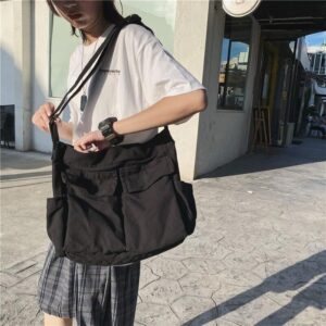 Canvas Messenger Bag Large Crossbody Bag with Multiple Pockets Canvas Shoulder Tote Bag for Women and Men (Black)