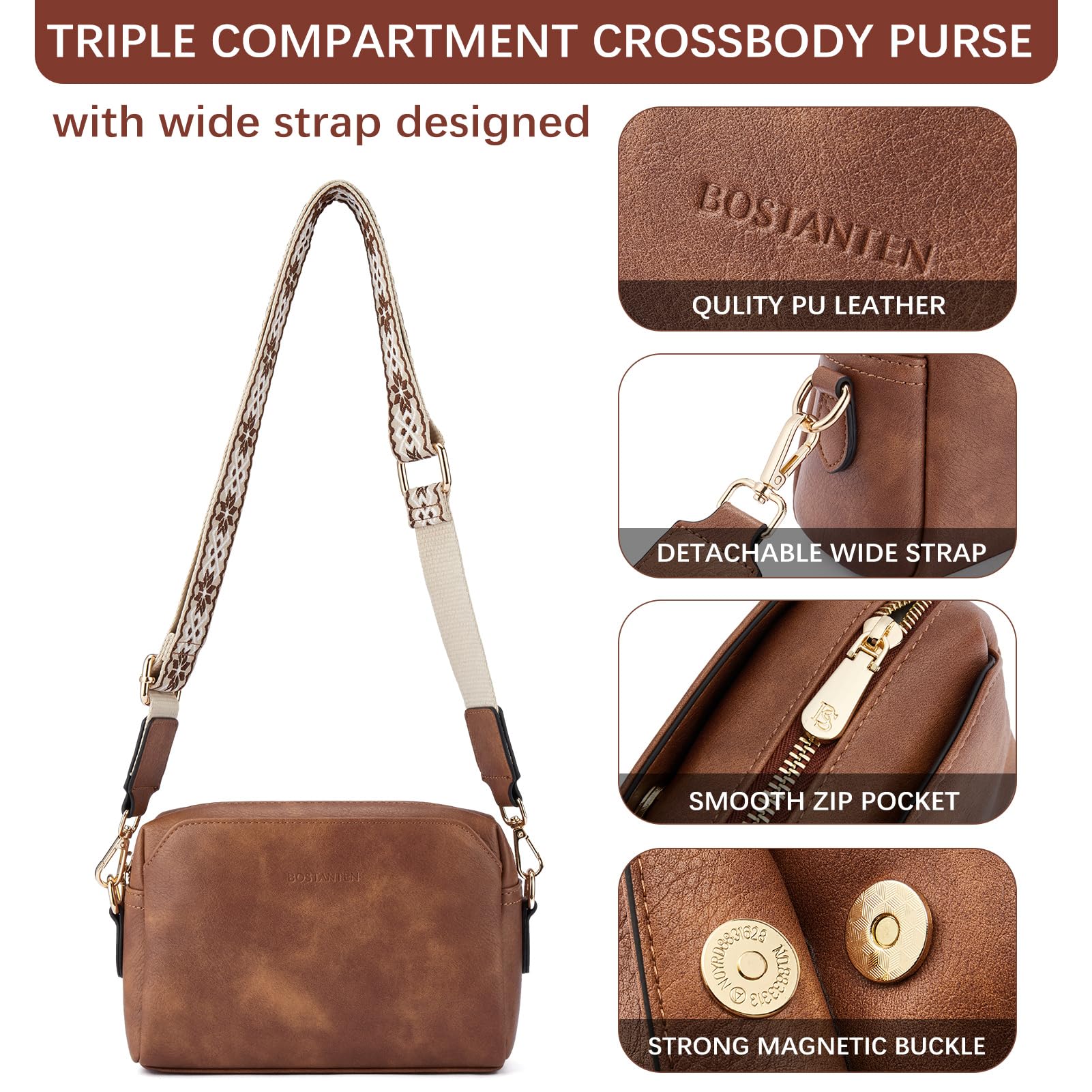 BOSTANTEN Crossbody Purses for Women Vegan Leather Triple Designed Crossbody Handbags Shoulder Bag with Wide Strap Brown