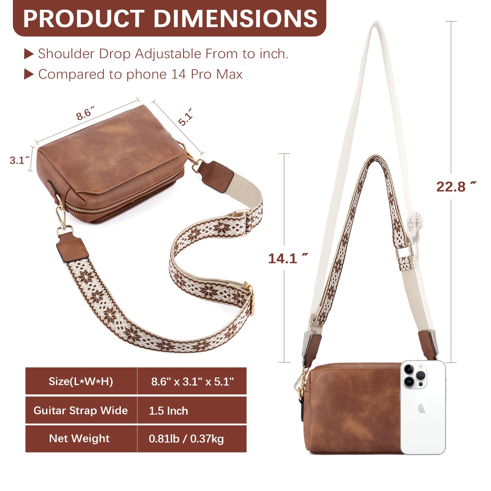 BOSTANTEN Crossbody Purses for Women Vegan Leather Triple Designed Crossbody Handbags Shoulder Bag with Wide Strap Brown