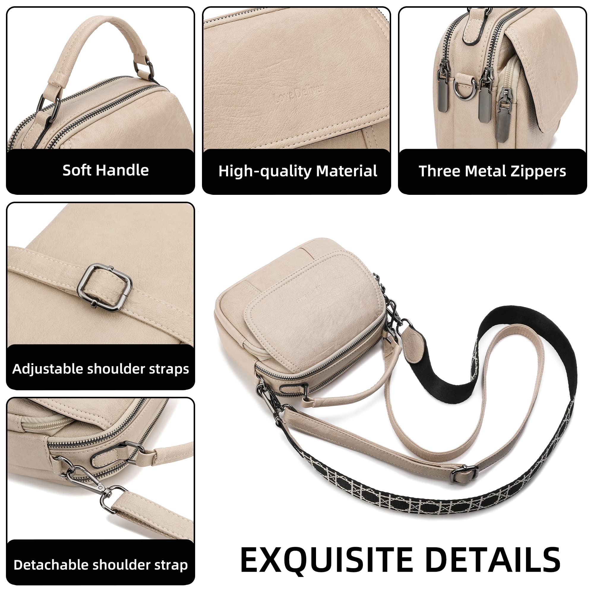 Love Deliver Crossbody Bags for Women Small Leather Purses for Ladies Shoulder Bag with Detachable Straps