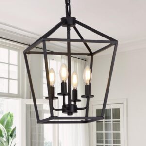 4 light chandelier, industrial ceiling light black lantern light fixtures with farmhouse metal cage adjustable height rustic geometric hanging light e12 base for kitchen island, entryway, indoor