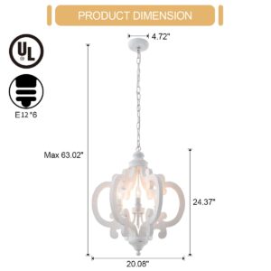 ELYCCUPA Farmhouse Chandelier 6 Candle Lights Distressed White Cottage Wood Chandelier Light Fixture Vintage Rustic Pendant Light for Dining Room Kitchen Bedroom Hallway Living Room, 21 INCH