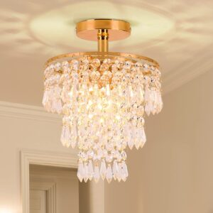 frixchur mini size crystal chandelier modern flush mount ceiling light 3 tiers raindrops crystal pendant lighting fixture decoration for bedroom hallway living room,e26 base,gold