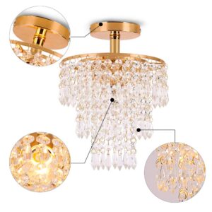 FRIXCHUR Mini Size Crystal Chandelier Modern Flush Mount Ceiling Light 3 Tiers Raindrops Crystal Pendant Lighting Fixture Decoration for Bedroom Hallway Living Room,E26 Base,Gold