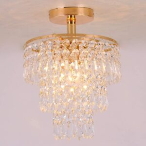 FRIXCHUR Mini Size Crystal Chandelier Modern Flush Mount Ceiling Light 3 Tiers Raindrops Crystal Pendant Lighting Fixture Decoration for Bedroom Hallway Living Room,E26 Base,Gold