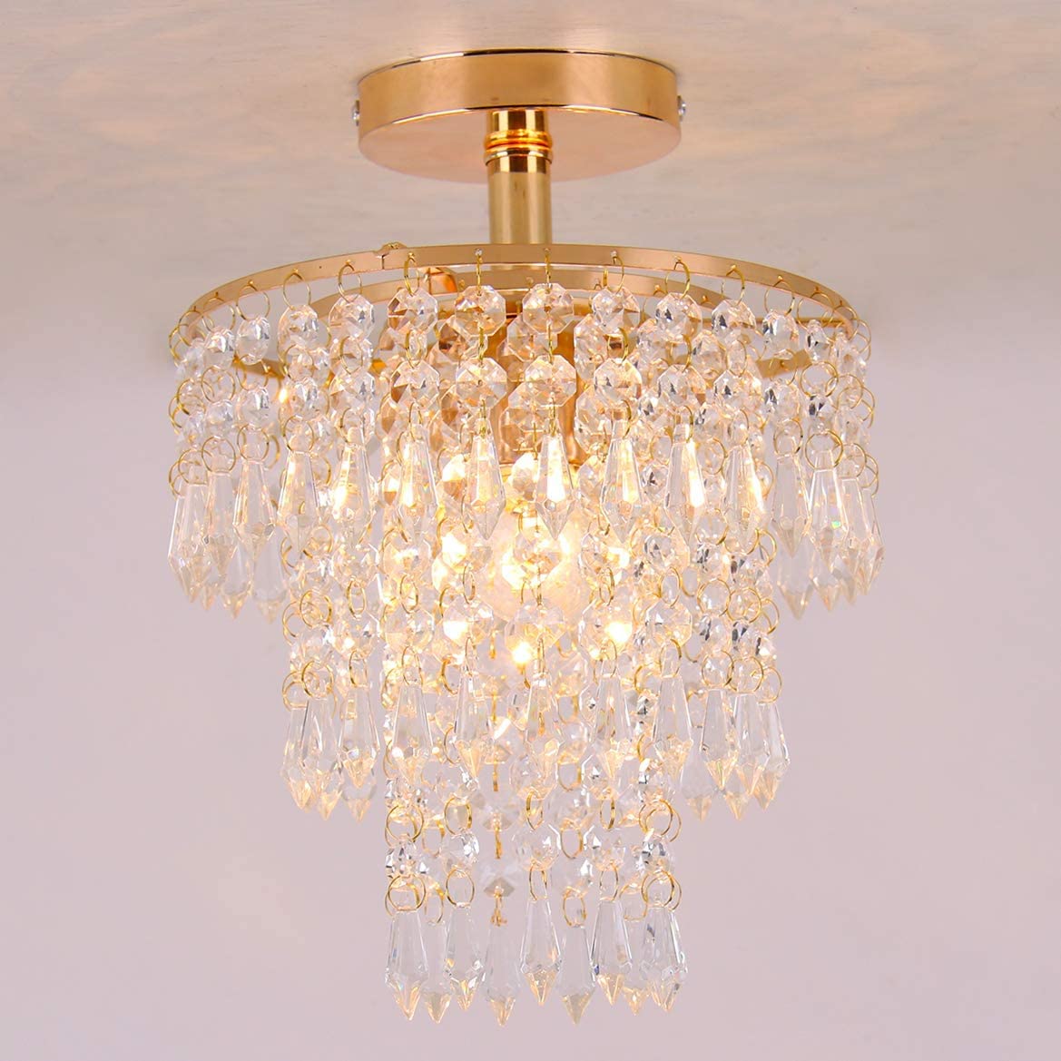 FRIXCHUR Mini Size Crystal Chandelier Modern Flush Mount Ceiling Light 3 Tiers Raindrops Crystal Pendant Lighting Fixture Decoration for Bedroom Hallway Living Room,E26 Base,Gold