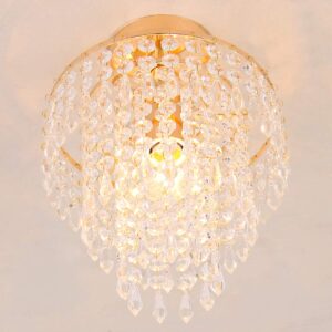 FRIXCHUR Mini Size Crystal Chandelier Modern Flush Mount Ceiling Light 3 Tiers Raindrops Crystal Pendant Lighting Fixture Decoration for Bedroom Hallway Living Room,E26 Base,Gold