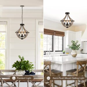 16.5" Farmhouse Light Fixtures Chandelier, 4-Light Rustic Flush Mount Ceiling Light, Modern Faux Wood Light Fixture for Dining Room Kitchen Foyer Hallway Entryway Bedroom Closet